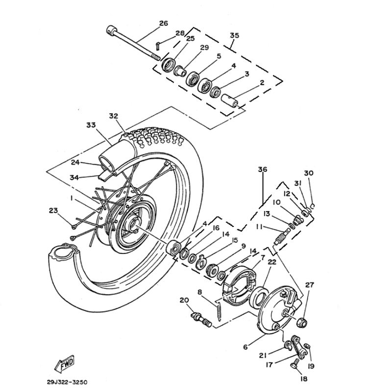 Exploded view tekening voorwiel Yamaha DT50MX