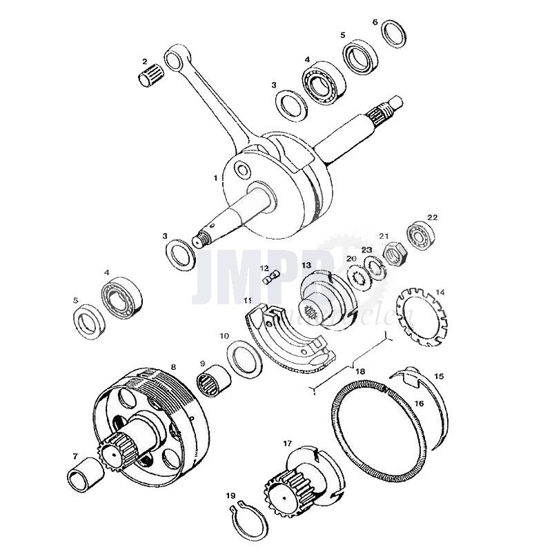 Exploded view tekening Koppeling / Krukas Tomos Standard