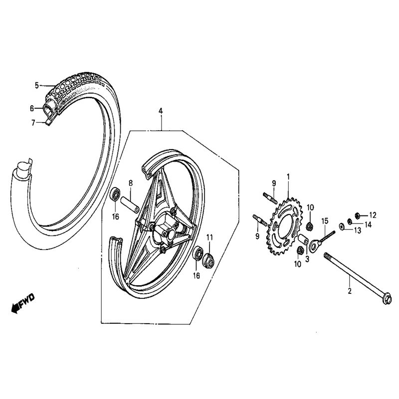 Exploded View Honda MB50 - Achterwiel