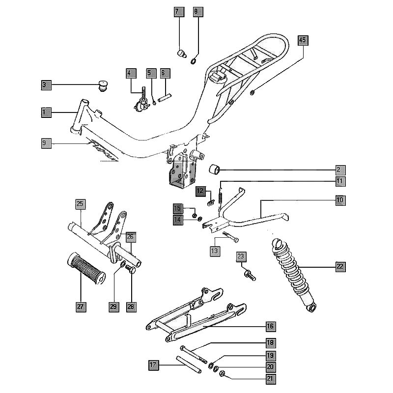 Exploded view tekening Tomos Flexer frame